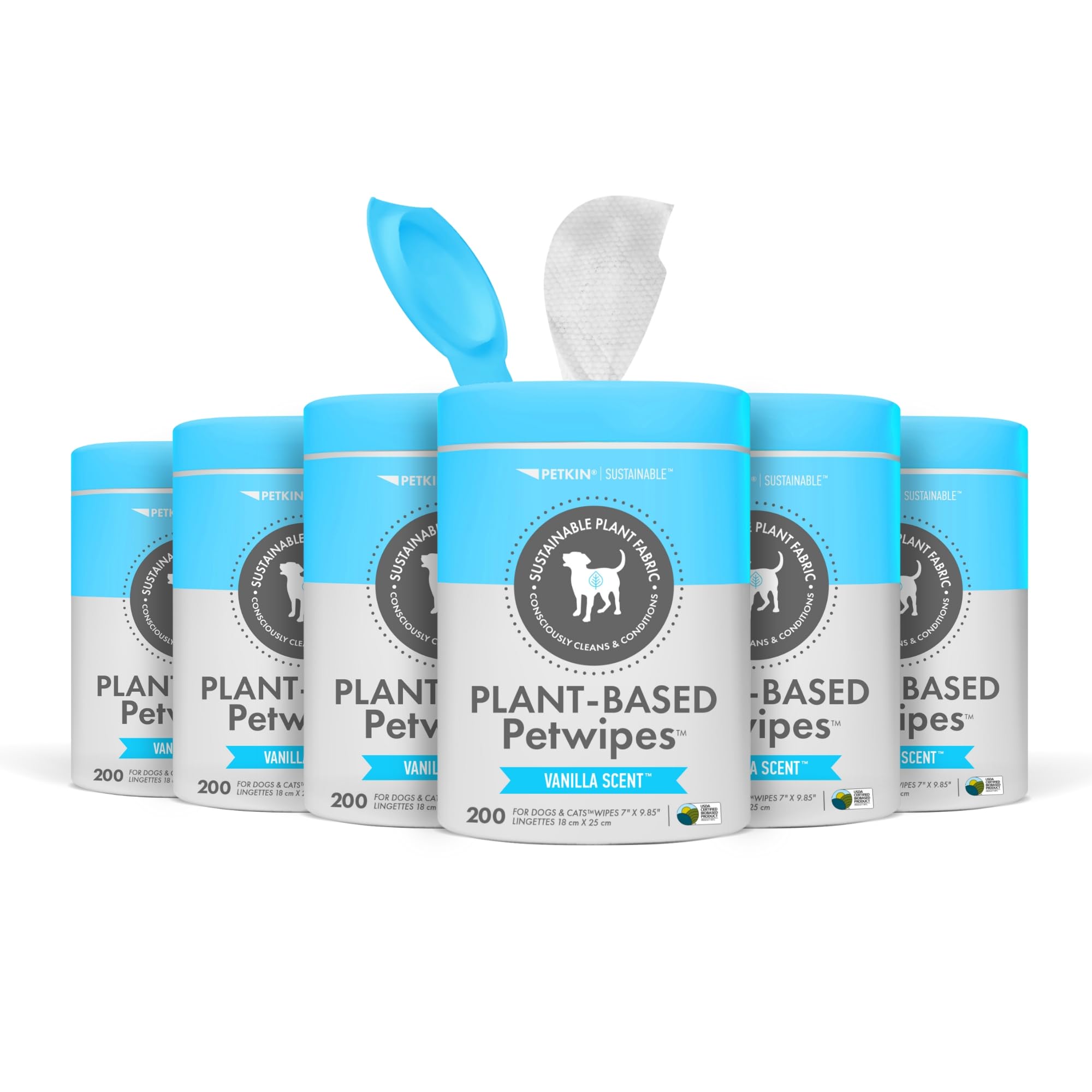 Petkin Plant-Based PetWipes, 200 Wipes, 6 Count - Biobased, Sustainable, Big & Thick Pet Wipes for Dogs & Cats - for Face, Paws, Ears, Body & Eye Area - Consciously Cleans & Conditions - Vanilla