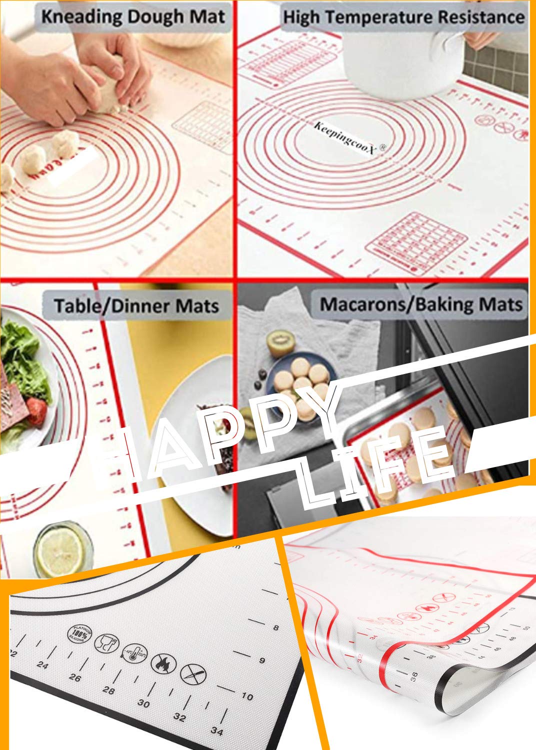 KeepingcooX Extra Large Silicone Pastry Mat Set, Baking Mat with Measurements(60×50cm), Chef Special, Non Stick, Non Slip, 3 Pastry Dough Cutter Scrapers as Gift