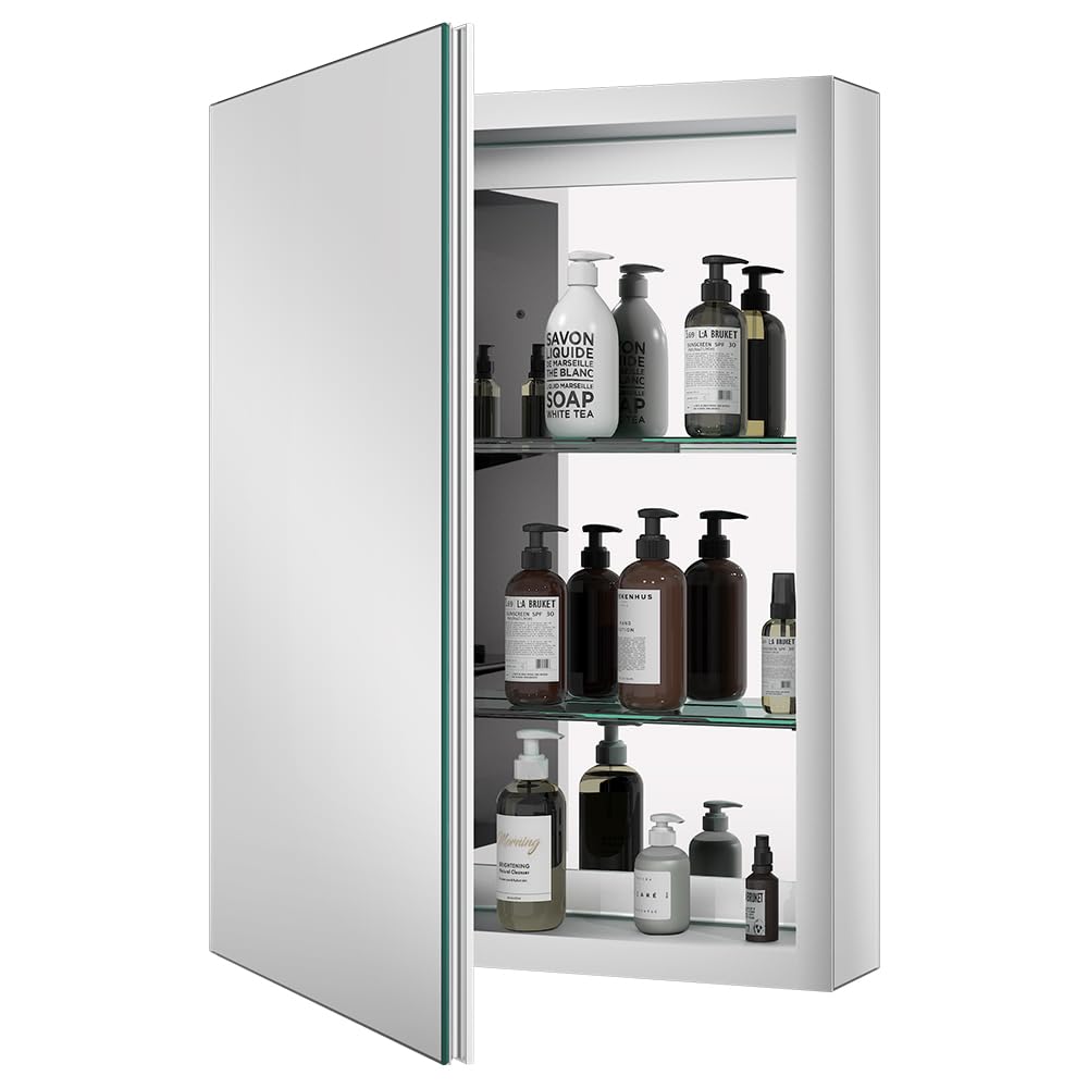Quavikey Mirrored Medicine Cabinet with Aluminum Recessed or Surface Mount for Bathroom Storage 20x26 Inch, Silver