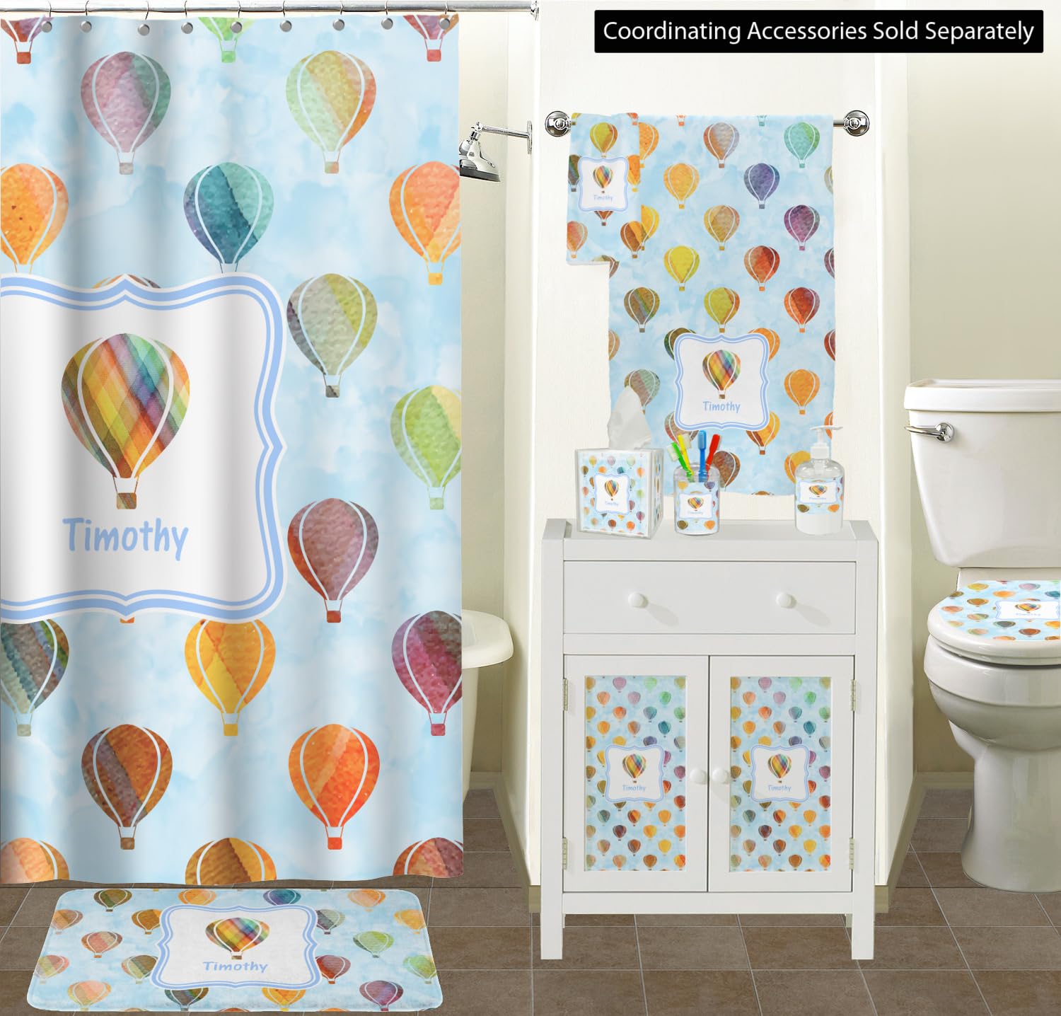 RNK Shops Personalized Watercolor Hot Air Balloons Waste Basket - Single Sided (White)