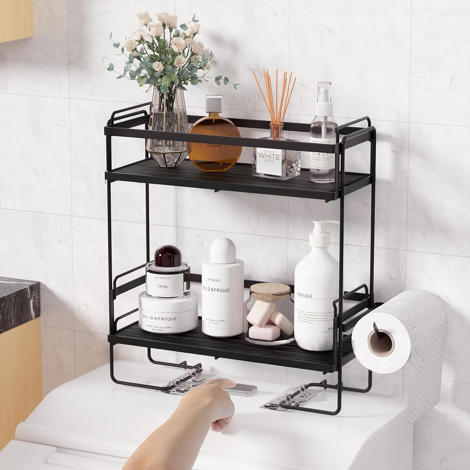 NUTSAAKK Over Toilet Storage, Bathroom Organizers and Storage, 2-Tier Toilet Shelf with Wooden Bottom Plate, Above Toilet Storage for Space Saving, Black