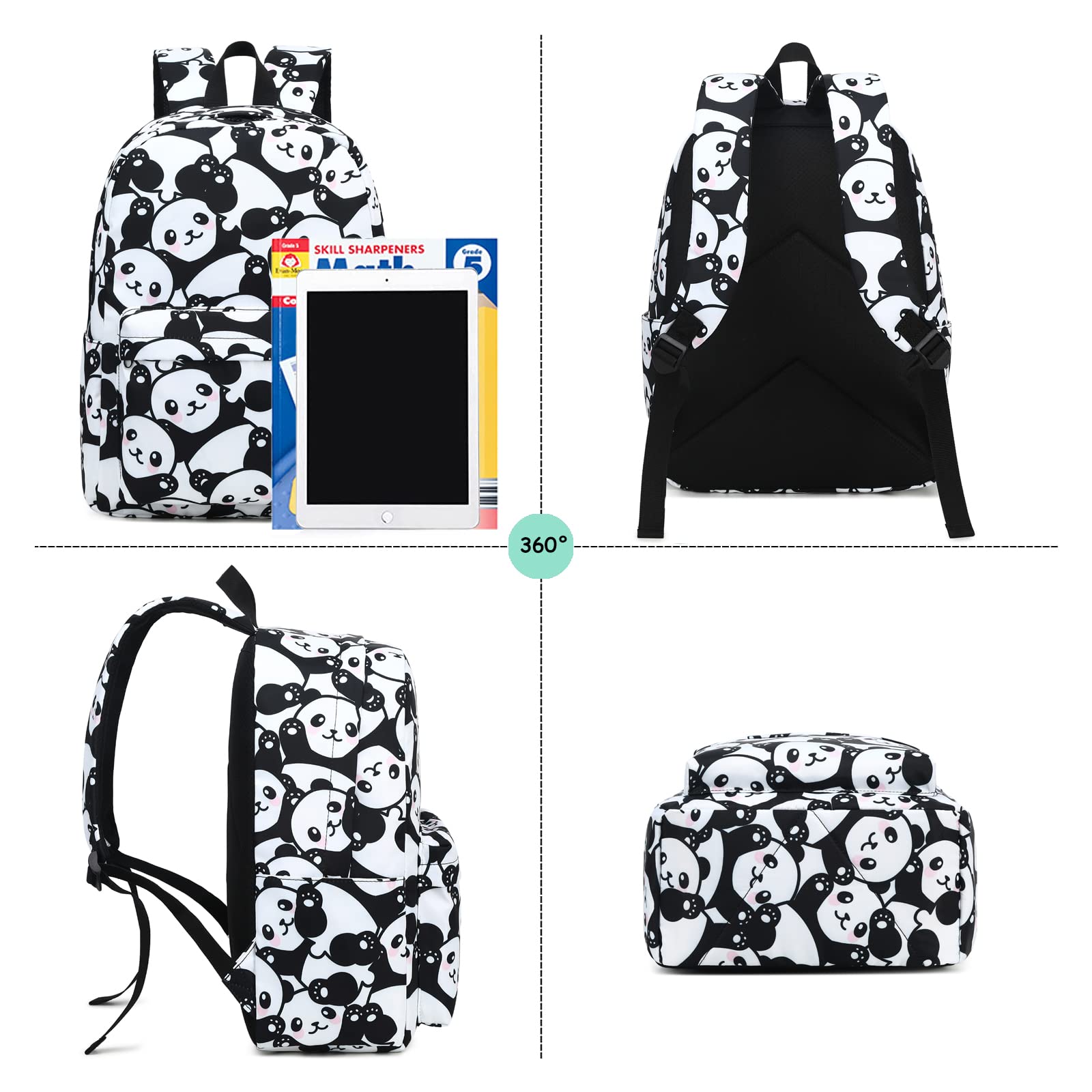 Fuyicat Panda School Backpack Set for Girls, 3-in-1 Kids Teens Elementary Middle School Bags Bookbag with Lunch Bag Pencil Case