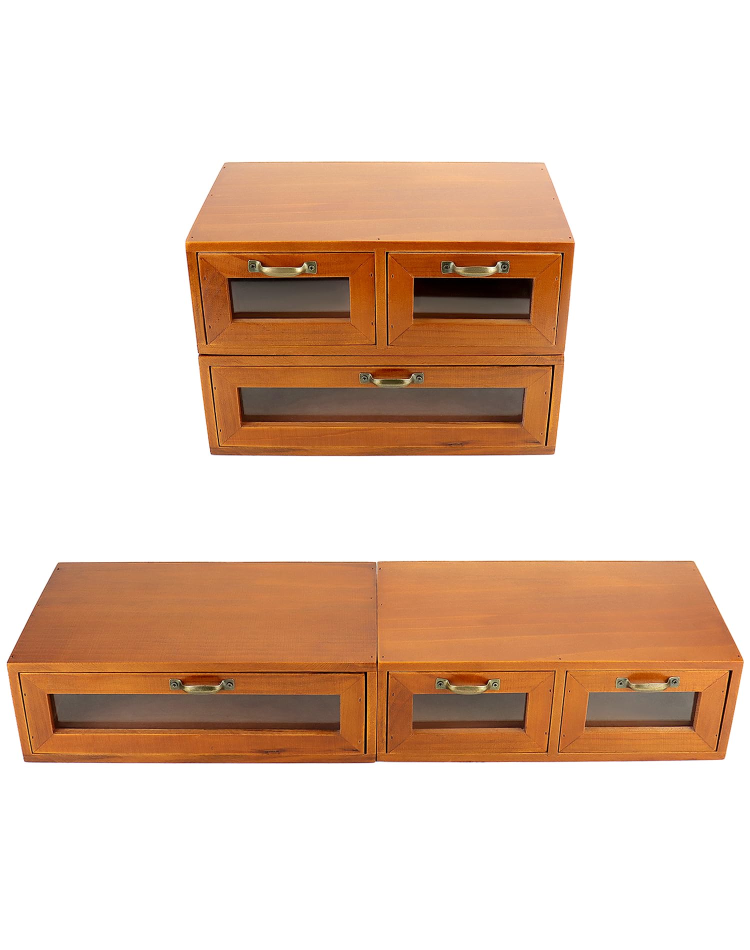 QWORK Wooden Box Organizer, Wood Desktop Storage Cabinet with 3 Drawers, Dark Brown