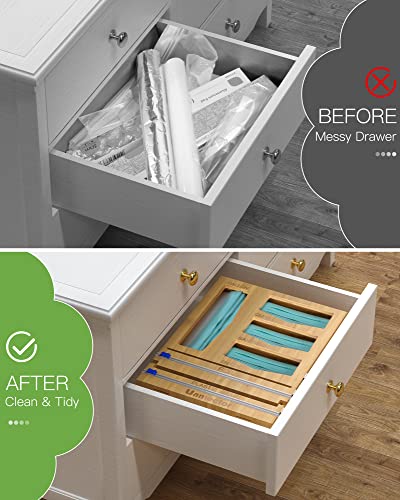 Uamector 6 In 1 Foil and Plastic Wrap Organizer, Ziplock Bag Organizer for Kitchen Drawer, Plastic Wrap Dispenser with Cutter, Bamboo Bag Storage Organizer for Gallon, Quart, Sandwich