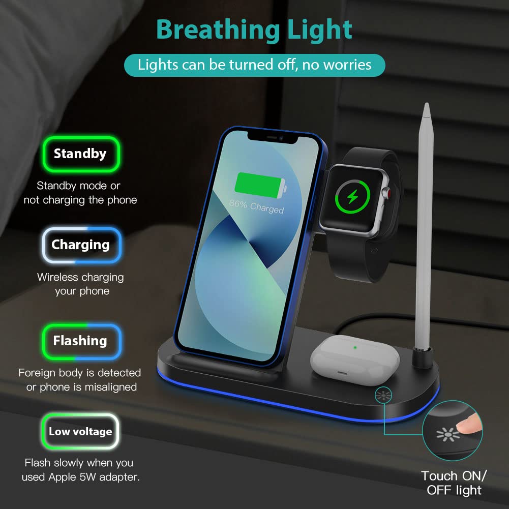 HERRBOL Wireless Charging Station 4 in 1,15W Fast Wireless Charger for iPhone 13/12/11/Pro/Max/XS/Max/XR/XS/X/8,Charging Dock Compatible with iWatch SE 7 6 5 4 3 2,AirPods Pro/3/2 and Pencil 1(Black)