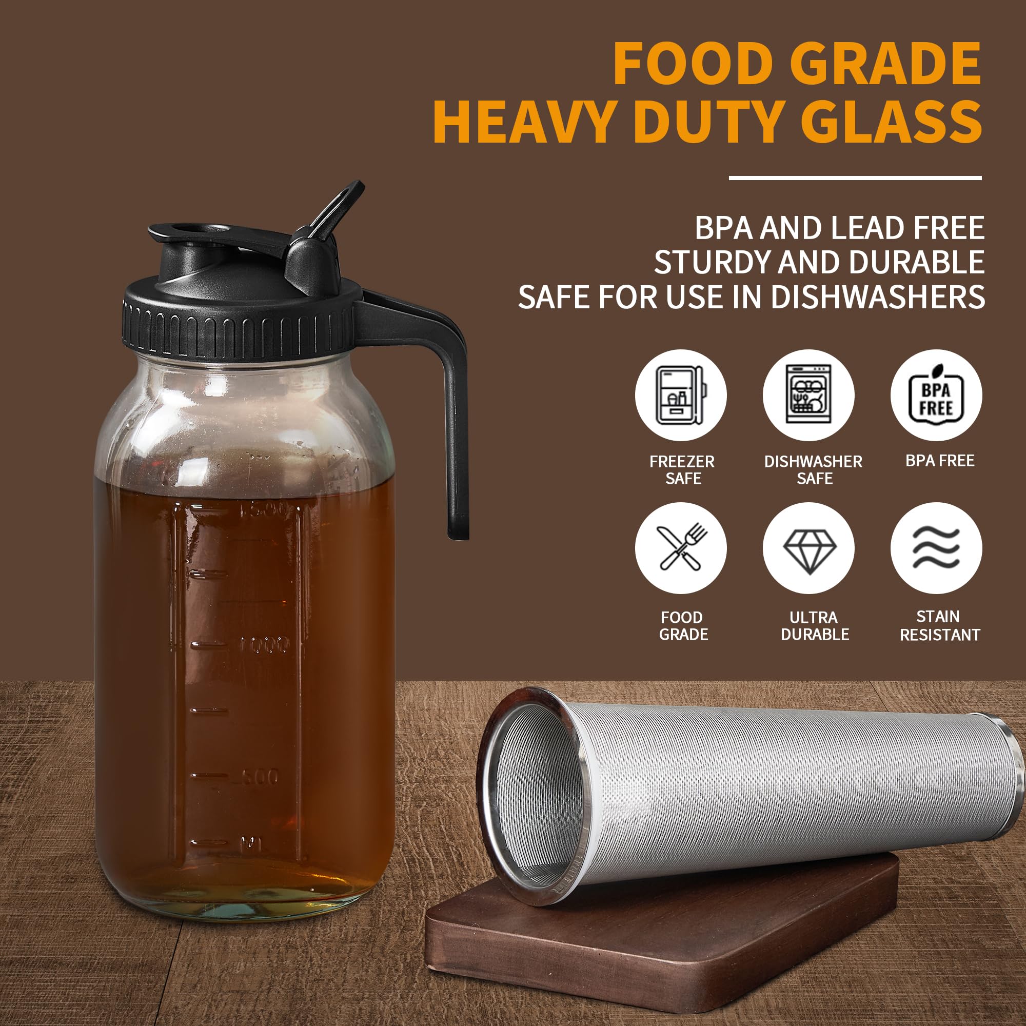 PIZVOXCold Brew Coffee Maker Pitcher, 32 oz Thick Glass Mason Jar Spout Lid with Handle & Stainless Steel Filter for Iced Brew Coffee, Ice Lemonade, Sun Tea, Fruit Drinks Container