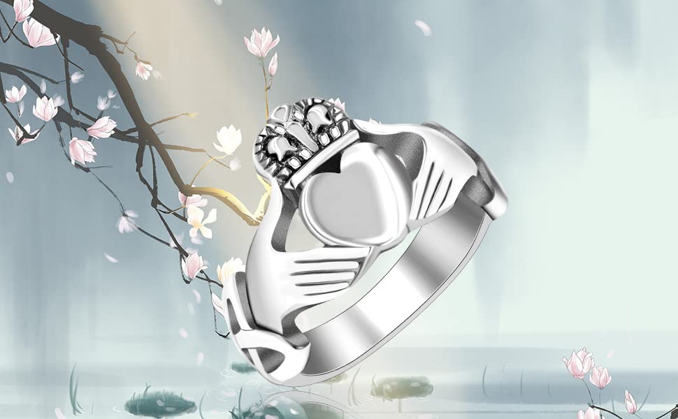 Heart Band BFF Celtic Irish Friendship Couples Promise Claddagh Ring for Men Women Stainless Steel Y2145 (Size 12)