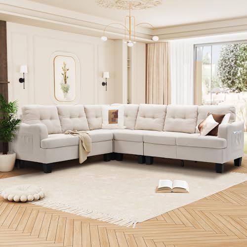 May in Color 6 Pieces I Shaped Couch with Solid Wood Frame and Thick Legs, Modern White Modular Sectional Sofa, Polyester Fabric Big Sofa Bed, Large Sleeper Couch for Living Room