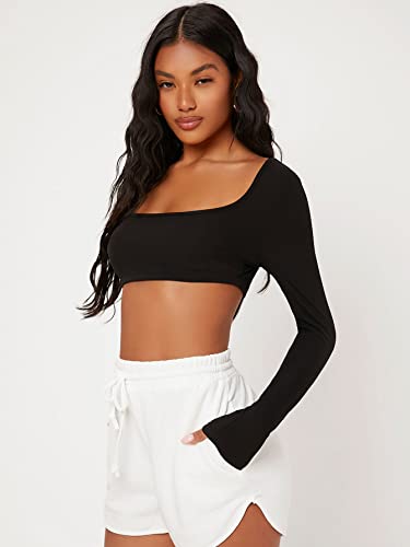 SOLY HUX Long Sleeve Crop Tops for Women Sexy Scoop Neck Rib Knitted Workout Basic Tees Slim Fitted Cropped T Shirts Solid Black M