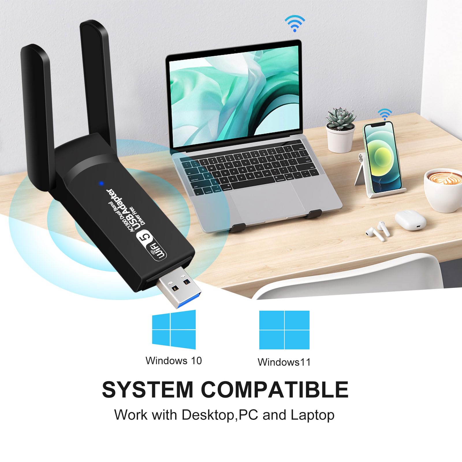 Free Driver USB WiFi Adapter 1300Mbps, Dual Band Wireless Network Adapter, 802.11ac WiFi Dongle for Desktop Laptop PC, Supports Windows 11/10-Plug and Play, Dual 5dBi High Gain Antennas