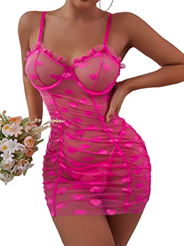 SOLY HUX Women's Sexy Heart Mesh See Through Lingerie Babydoll Sleepwear Sleeveless Ruffle Chemise Nightgown with Thong Solid Hot Pink L