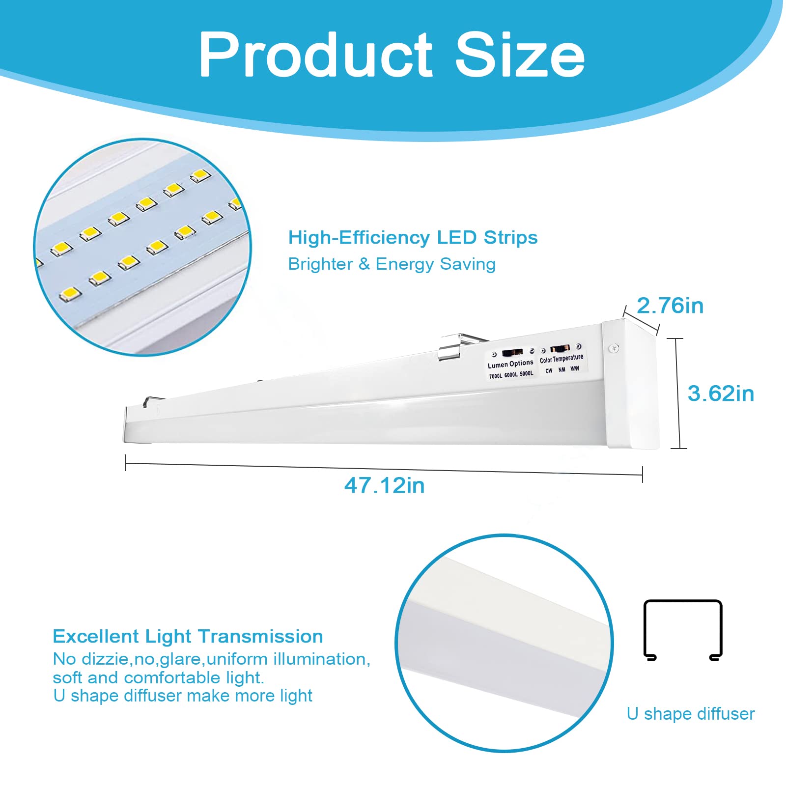 Led Shop Light 4f,Led Ceiling Strip Light Fixture with 3 Wattages/3 Lumens/3 CCT Selectable,4 Foot Led Lights LED Wrap Light Fixtures Ceiling Mount/Hanging Garage Lights/Office Ceiling Light,1Pack
