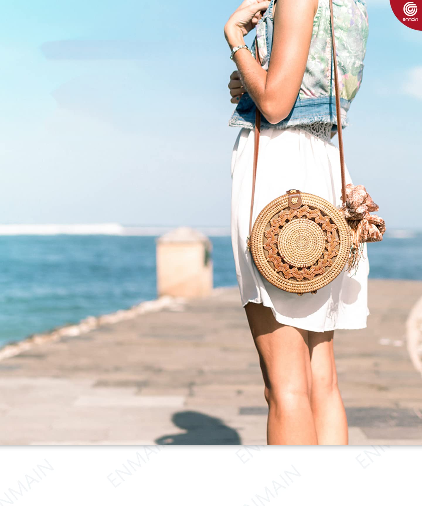 ENMAIN Round Rattan Bag for Women Straw Bag Handwoven Beach Bohemian Shoulder Purse