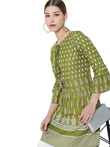 Yash Gallery Women's Rayon Printed Short Kurta (Green)