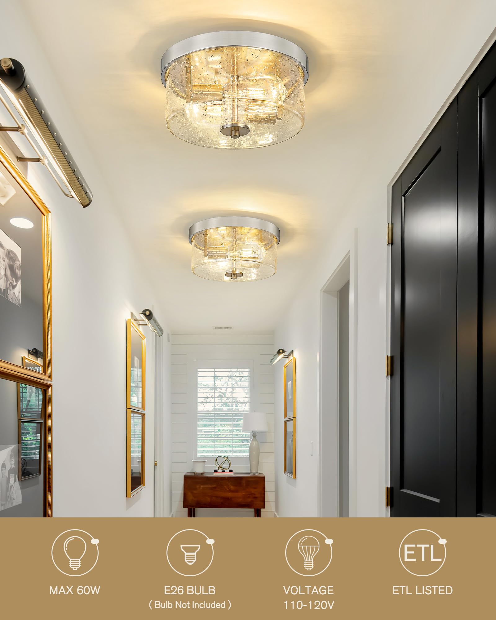 Emak 2-Light Brushed Nickel Ceiling Light Fixture, 11 Inch Flush Mount Light Fixture with Seeded Glass Shade for Bedroom, Living Room, Kitchen, Hallway, Bathroom, FM082-BN