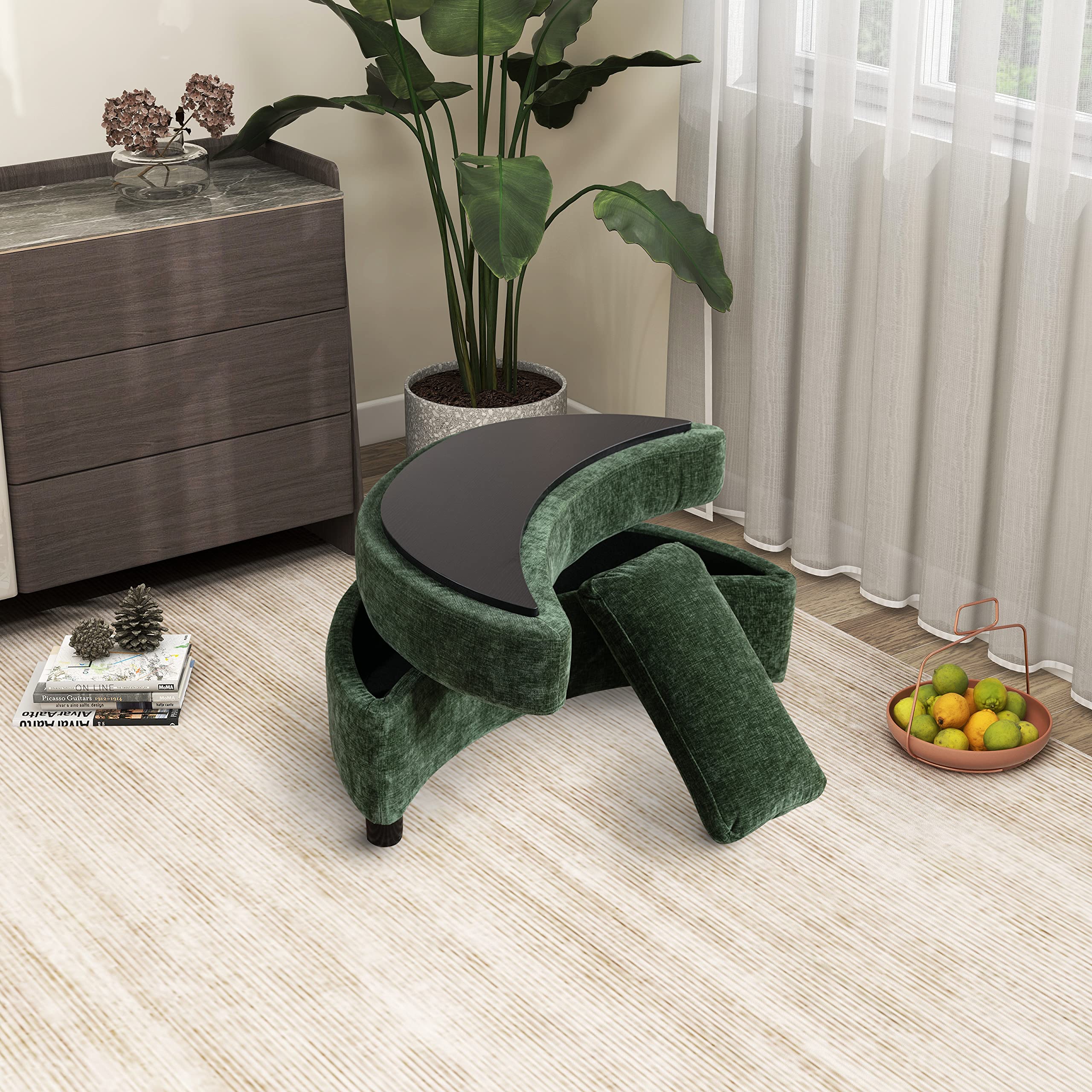 HABITRIO Storage Ottoman, Green Chenille Upholstered Half Crescent Moon Bench w/ 1 Toss Pillow, Tray Serve As Side Table, Padded Seat Dressing Shoe Bench Footrest for Living Room, Entryway, Hallway