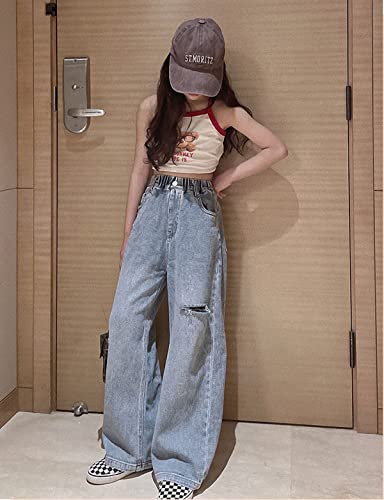 YaYabroe Kids Girls Ripped Distressed Washed Baggy Wide Leg Casual Jeans Size 5-14 yrs (11-12 Years, Blue)
