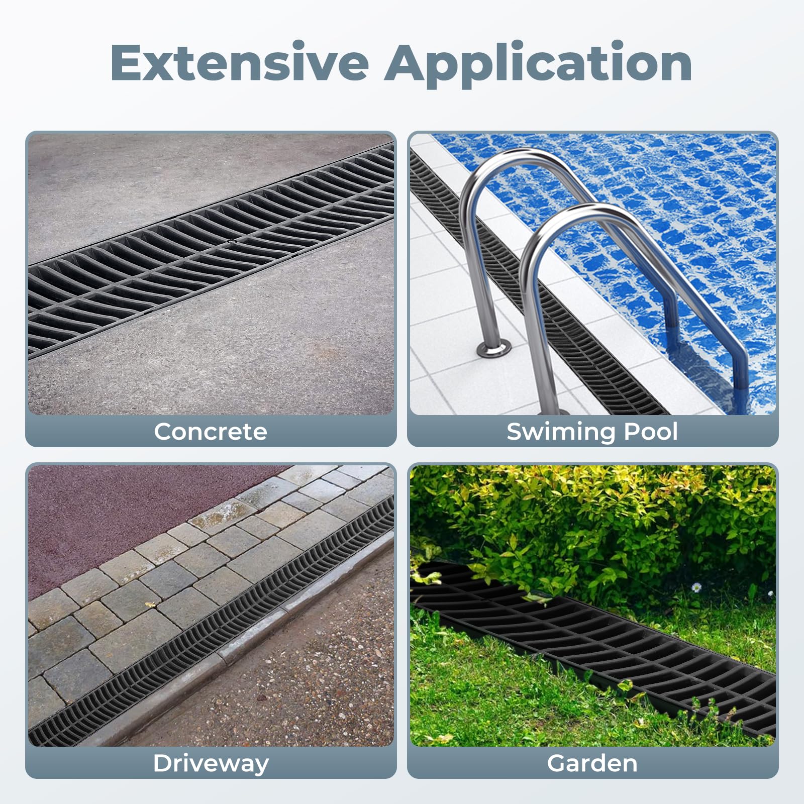 Trench Drain System, Channel Drain with Plastic Grate, 5.9x5.1-Inch HDPE Drainage Trench, Black Plastic Garage and GardenDrain, 6x39 Trench Drain Grate, with 6 End Caps,Convenient Assembly(6 Pack)