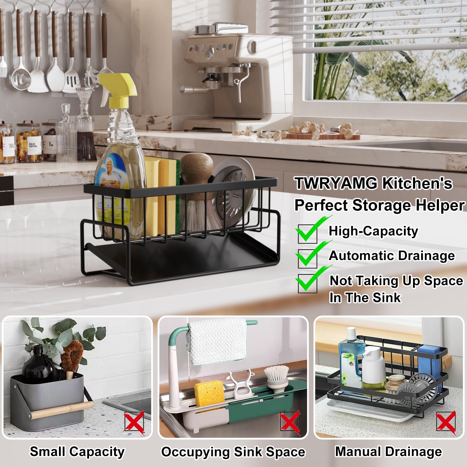 TWRYAMG Sponge Holder for Kitchen Sink-Kitchen Sponge Holder for Organizing Sponge, Brush & Soap Dish Dispenser, Kitchen Sink Organizer Rack with Divider Black