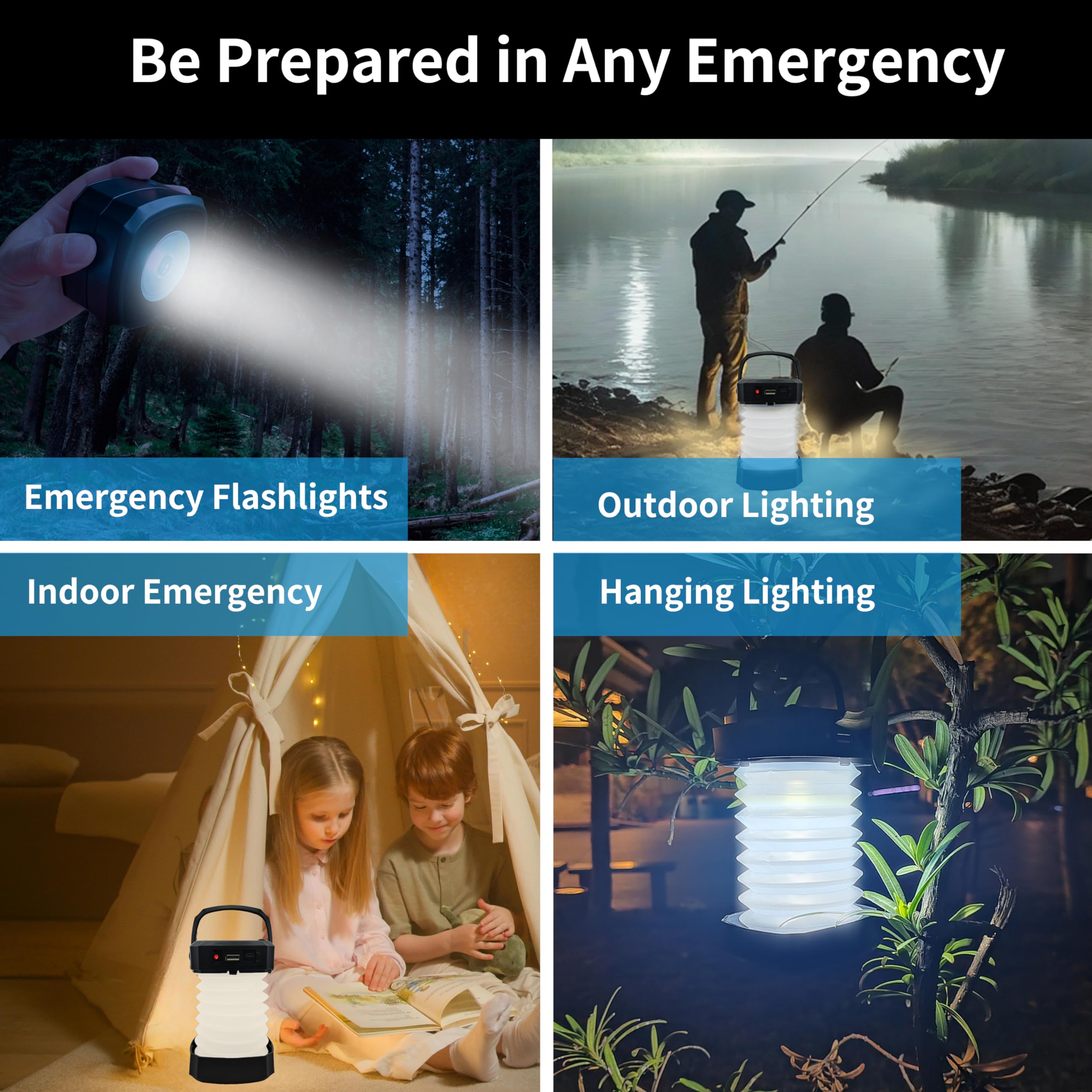 PEKPAK Solar Powered Lantern Flashlight,2-Pack Collapsible LED Camping Lantern,Portable USB Rechargeable Lamp for Power Outages,Emergencies,Hurricanes,Tent Lighting,Hiking,Backpacking Gear(Black)