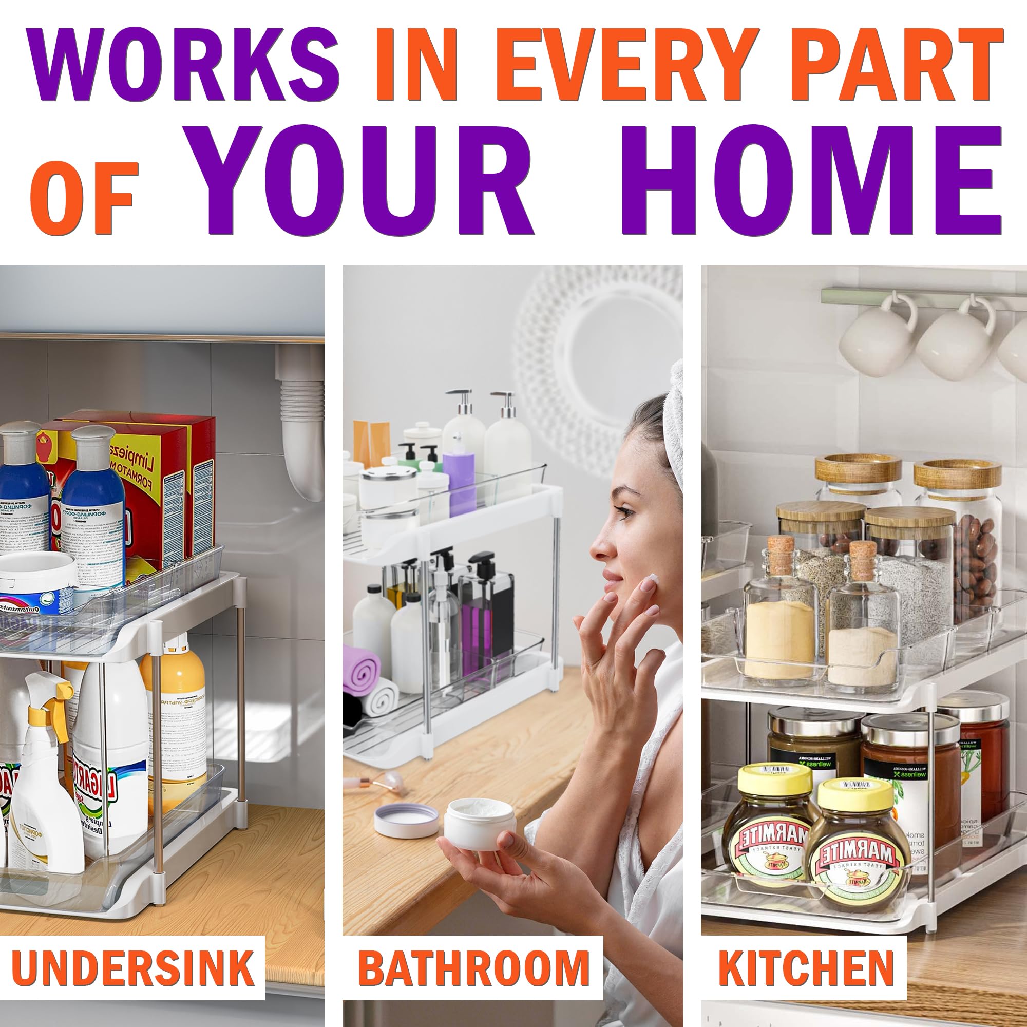 TOPITOP 2 Pack of 2 Tier Under Sink Organizer for Bathroom, Kitchen Sink Organizer Under Cabinet Storage, Pull Out Make Up and Vanity Cabinet Organizers with Movable Dividers