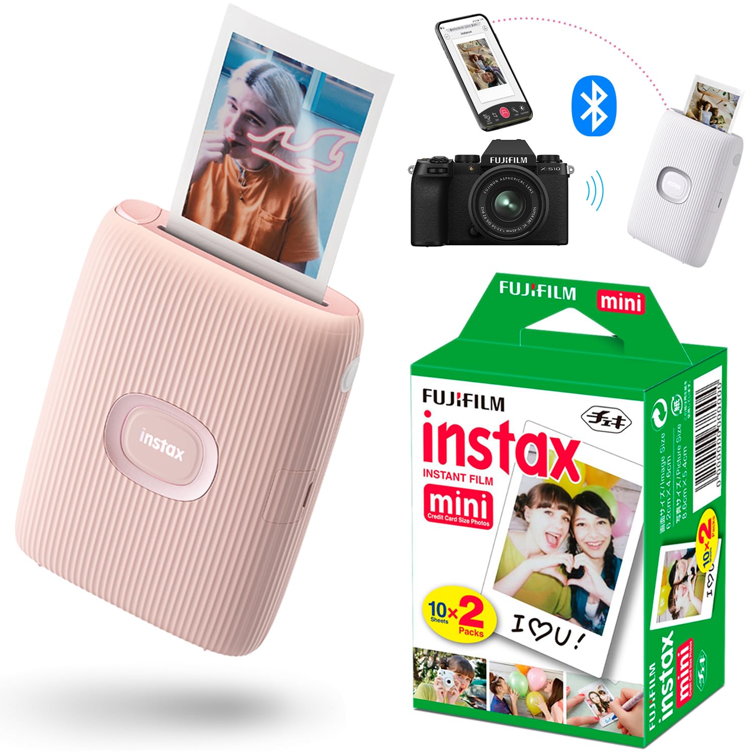 Fujifilm Instax Mini Link Instant Smartphone Printer (Dusky Pink) with Instax Film Pack (2 Items)