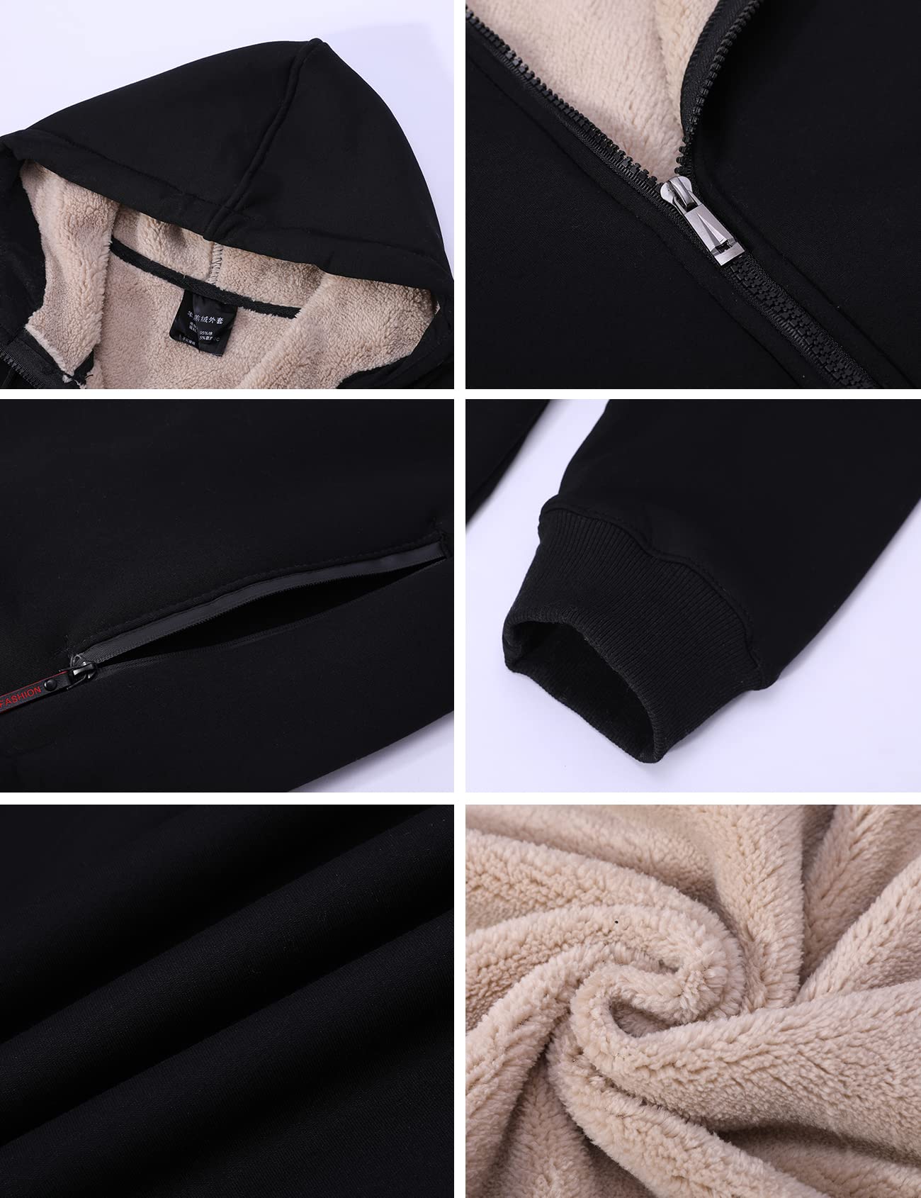 Flygo Hoodies for Men Zip Up Winter Fleece Sherpa Lined Sweatshirt Warm Jacket(Black-XL)