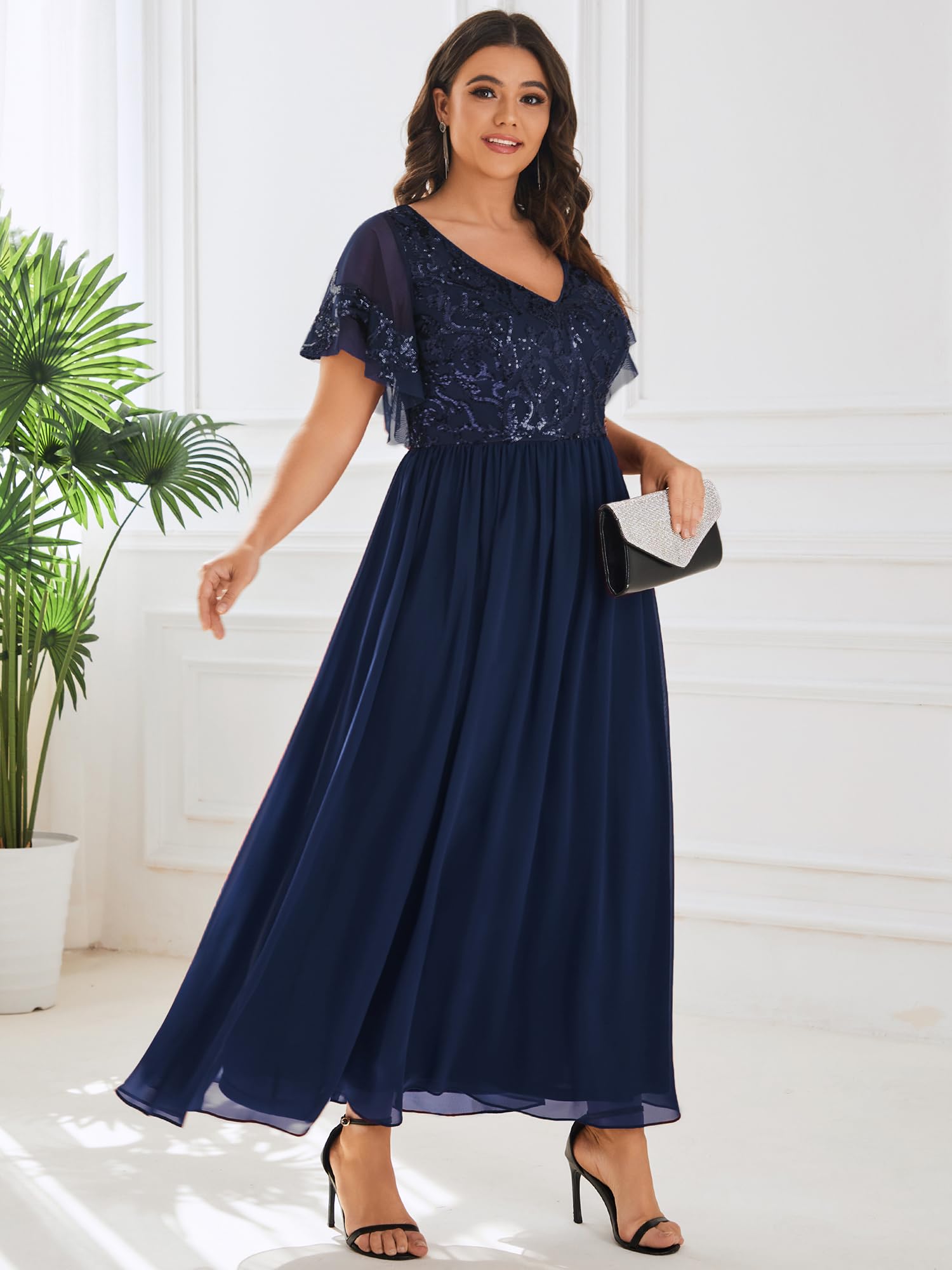 Ever-Pretty Plus Womens Plus Size Backless Ruffles Sleeves Sequin Appliques Maxi Chiffon Formal Evening Dress Navy Blue US26