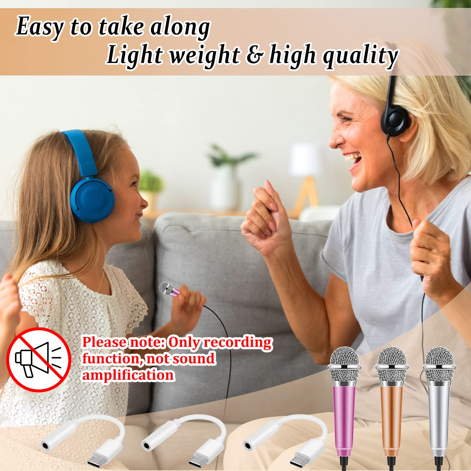 Flutesan 3 Pieces Mini Microphone Tiny Microphone Mini Portable Vocal Instrument Microphone and 3 Pieces USB Type C to 3.5 mm Female Adapter for Mobile Phone