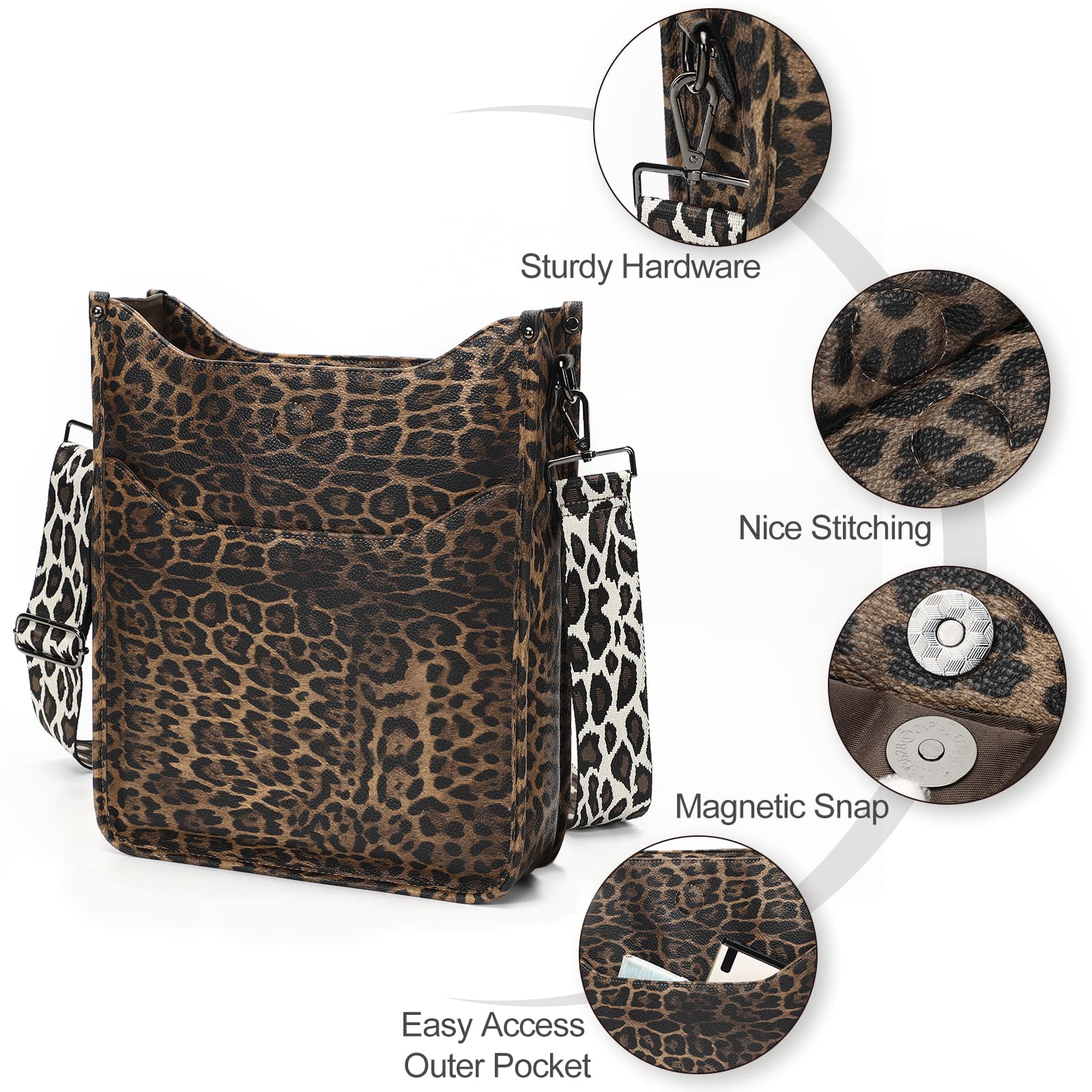 Hobo Handbags for Women PU Leather Designer Shoulder Purse Wide Strap Crossbody Bags (Brown Leopard)