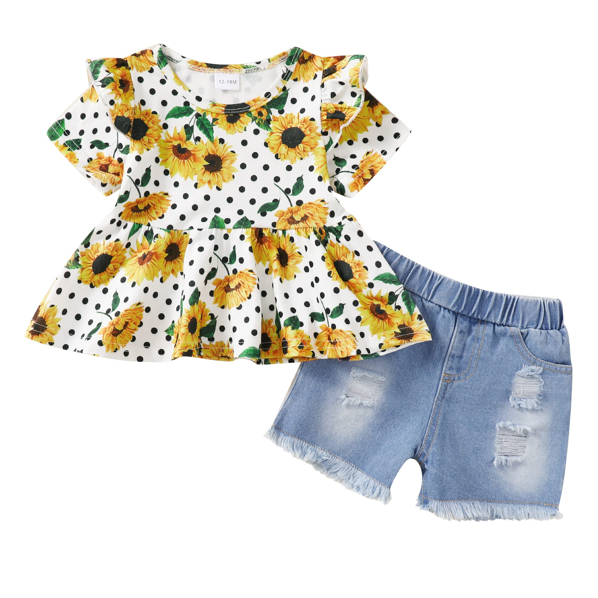 XUANHAO 2T 3T Girl Clothes Toddler Clothes For Girls Summer Outfits Short Sleeve Ruffle Floral Sunflower Top Ripped Denim Short Jeans Toddler Girl Clothes 2T 3T