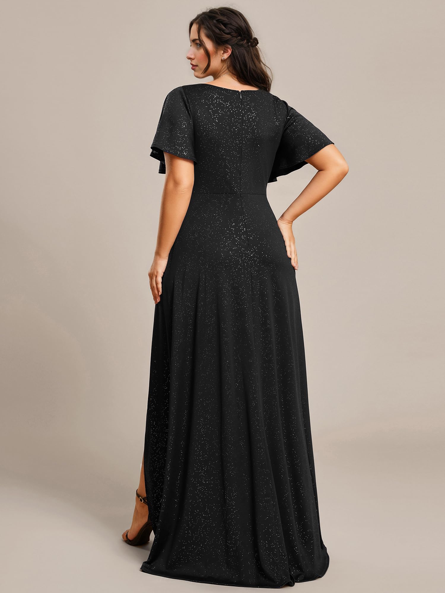 Ever-Pretty Women's Plus Size A-line V Neck Maxi High Low Winter Fall Ball Gowns Party Dresses Black US18