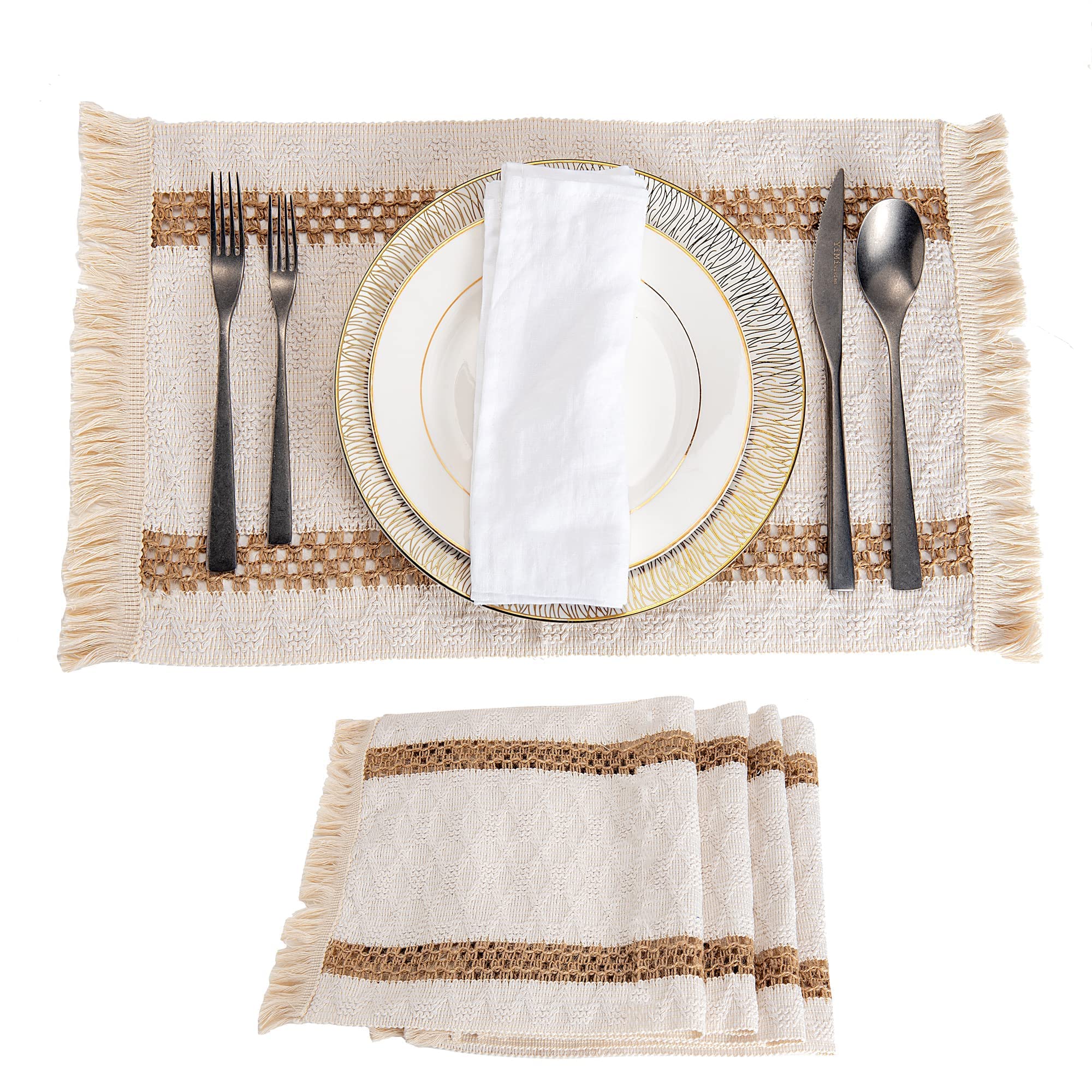 Eiyye Cotton Macrame Placemats Woven Placemats Rustic Jute Placemat Tassels Beige Boho Placemats Rectangular Placemats Linen Dining Table Mats 4-Pieces, 12x18 inches (Beige)