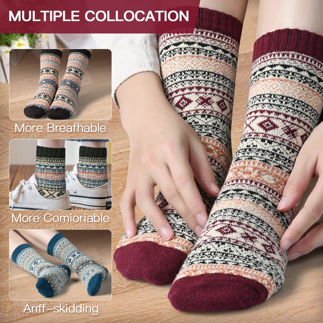 FYC Winter Womens Socks Wool Warm Thick Knit Cozy Crew Casual Vintage Soft Socks for Women Christmas Gifts Socks 5 Pairs