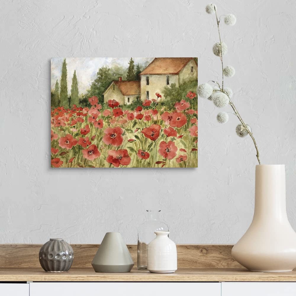 GREATBIGCANVAS Tuscan Poppy Landscape Canvas Wall Art Print, Countryside Home Decor Artwork, 40"x30"x1.5"