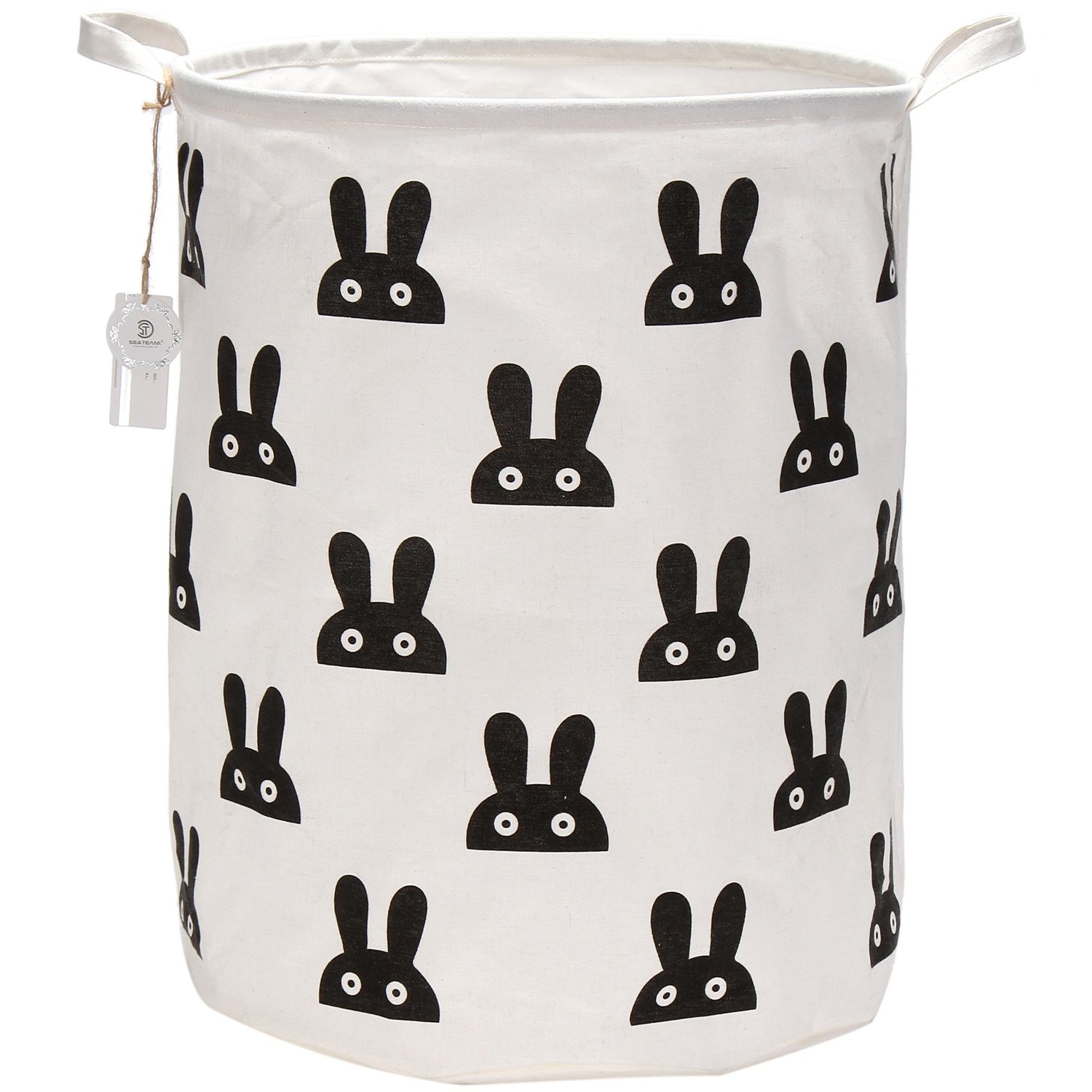 Sea Team 19.7" Large Sized Waterproof Coating Ramie Cotton Fabric Folding Laundry Hamper Bucket Cylindric Burlap Canvas Storage Basket with Cute Bunny Design (Black)
