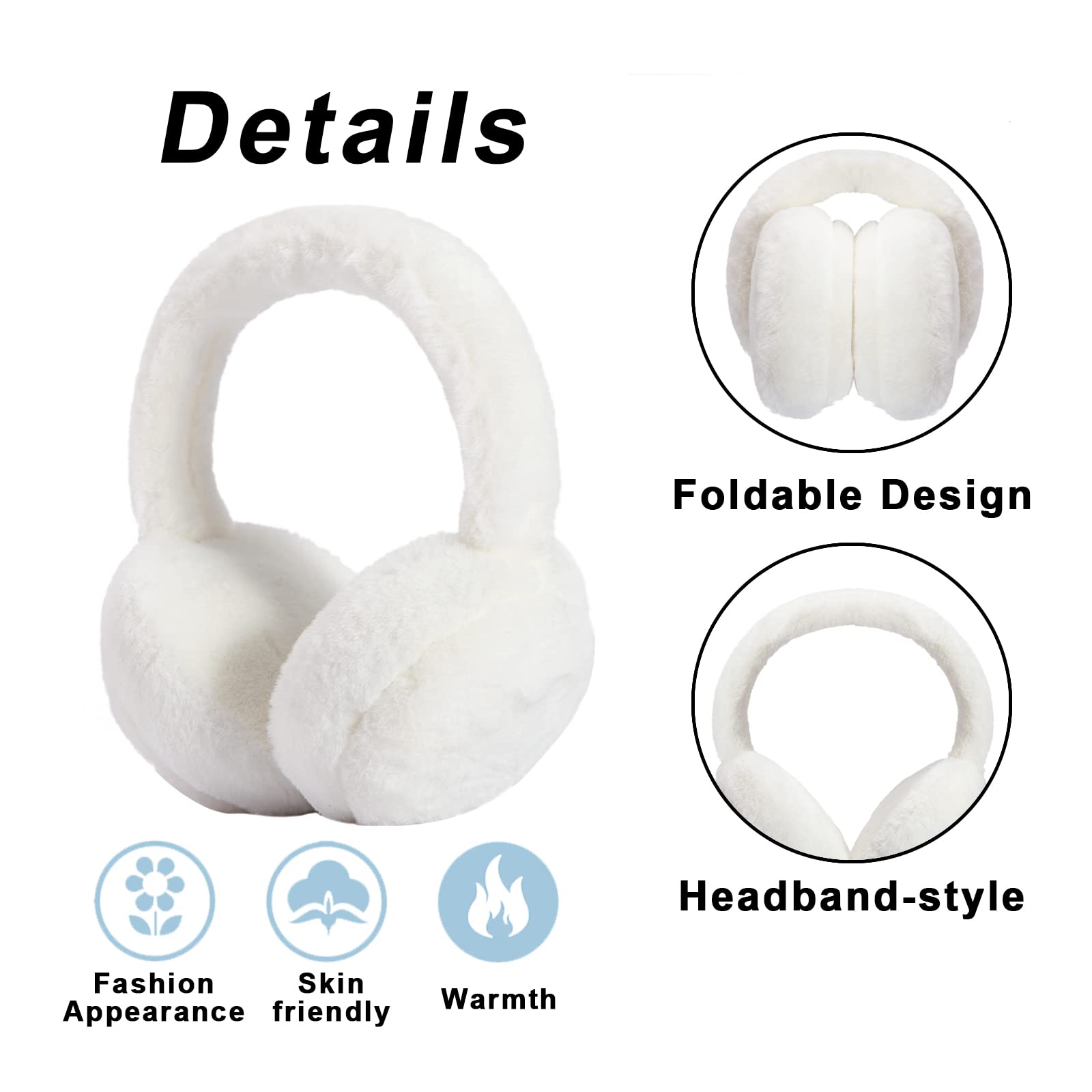 Golden Scute Winter Warm Earmuffs for Women, Cute Foldable Muffs Fluffy Faux-fur Ear Muffs with Headband(white)