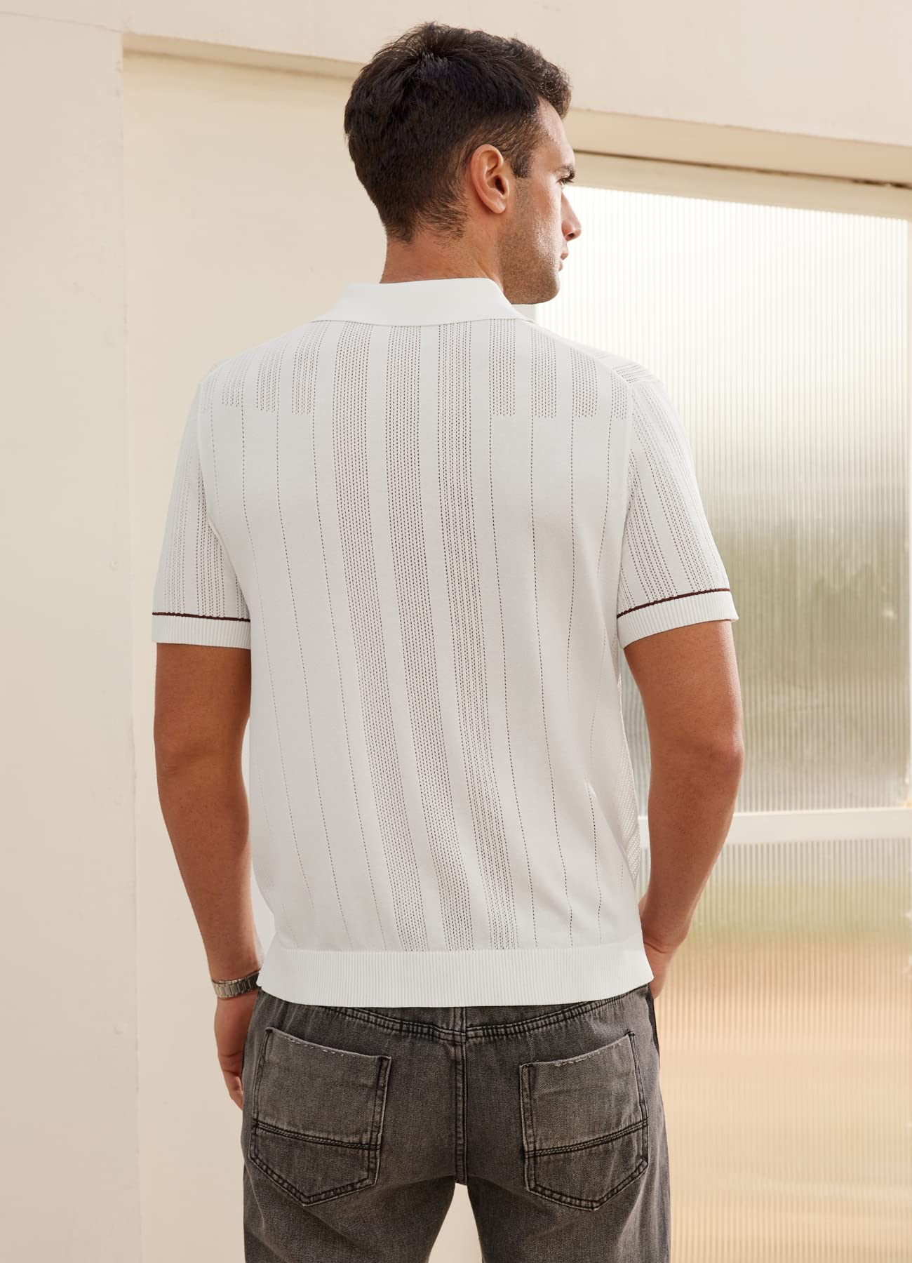GRACE KARIN Mens Fashion Hollow Out Polo Shirts Lightweight Knitting Shirts White