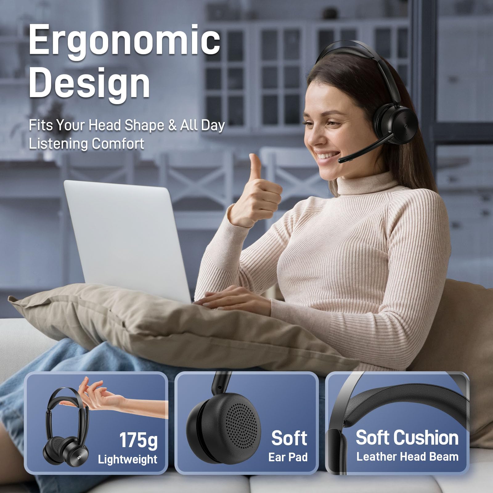 EMEET Wireless Headset, HS80 Bluetooth Headset with Noise Canceling Microphone, 46 hrs Work Time, Charging Base, Mute Button, 2.4G Wireless Dongle/USB, Wireless Headphone for PC/Call Center/Zoom/Skype