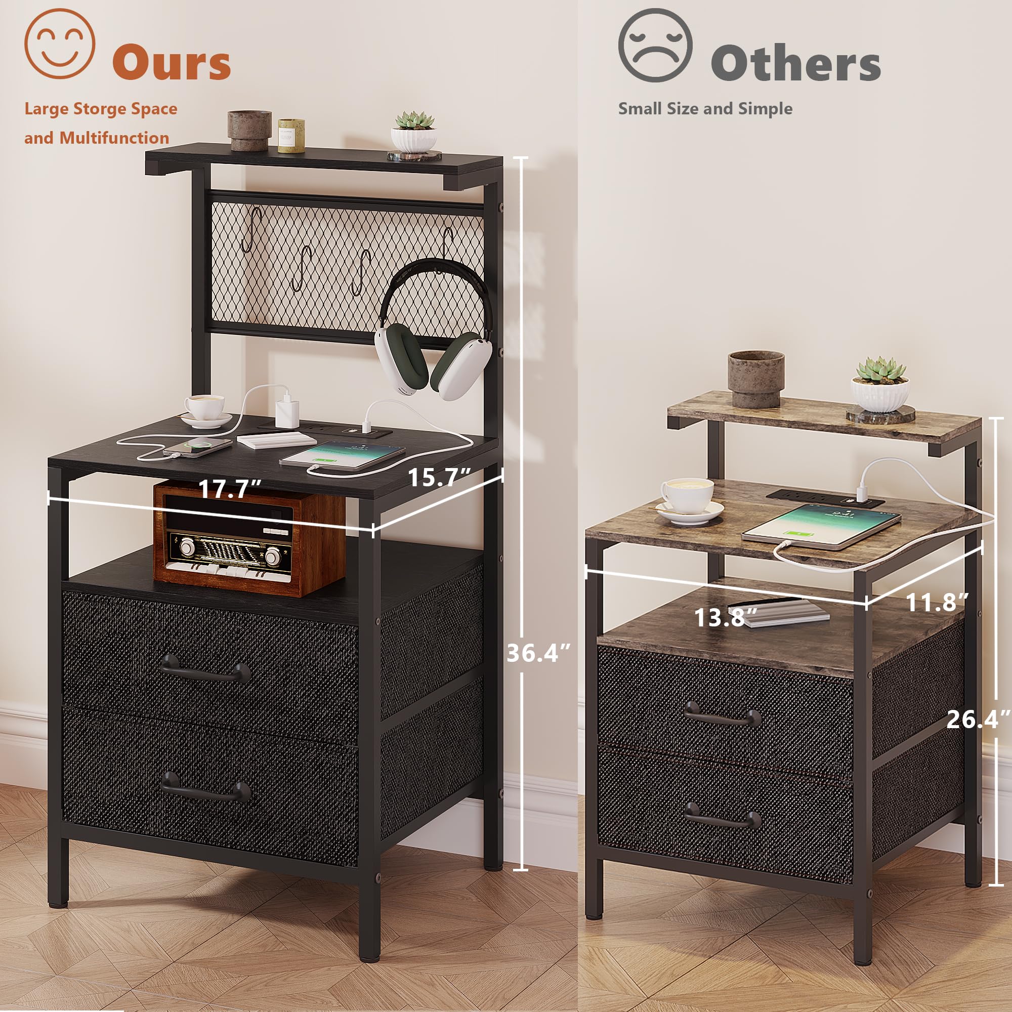 TRIFEBLE Tall Nightstand Set of 2 with Charging Station and LED Lights, Night Stand with Fabric Drawers, Bedside Table 36.4 Inch with Storage Shelves, Side Table, Mesh Shelves with Hooks, Rustic Brown