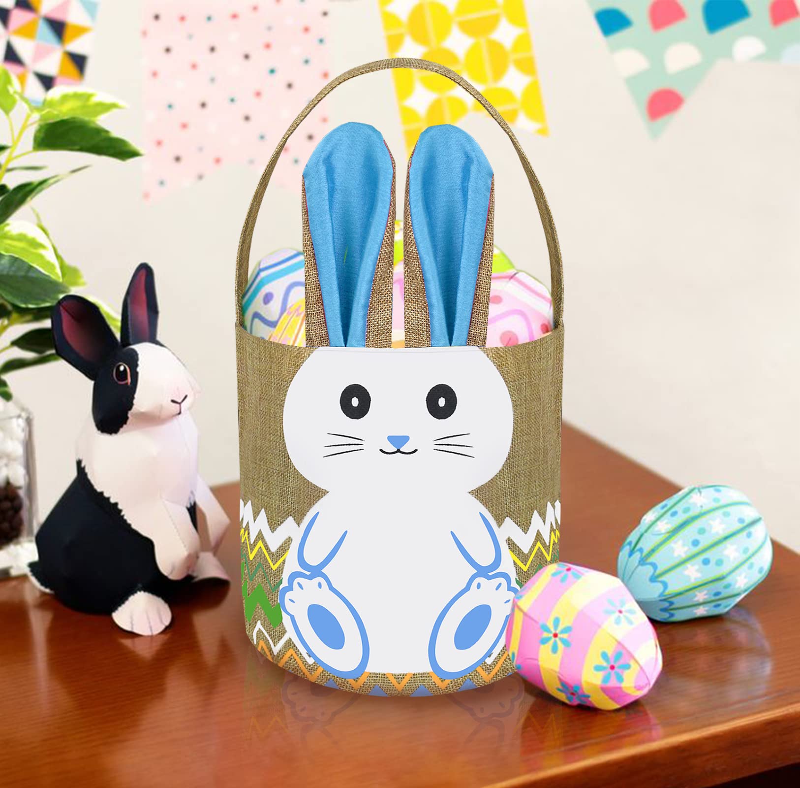 Yoochee 2 Pack Easter Baskets, Easter Basket Gifts for Kids, Personalized Bunny Easters with Cute Rabbit Ears, Egg Hunt Easter Buckets Bags for Boys and Girls, Empty Imitation Linen Basket Party Gift