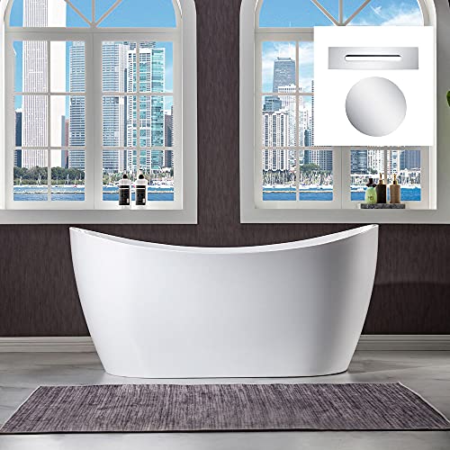 WOODBRIDGE 59" Acrylic Freestanding Bathtub Contemporary Soaking White Tub with Chrome Overflow and Drain,B0016 -C-Drain &O