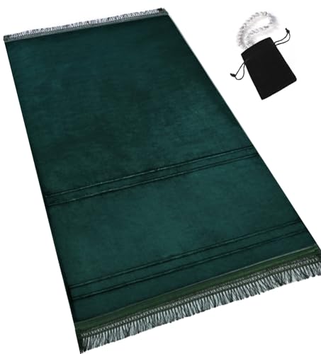 Prayer Rug Muslim Mat Islamic - Thick Large Padded Sajadah Men Women with Islam Prayer Beads for Eid Travel Ramadan, Soft Luxury Great for Knees and Forehead(Green)