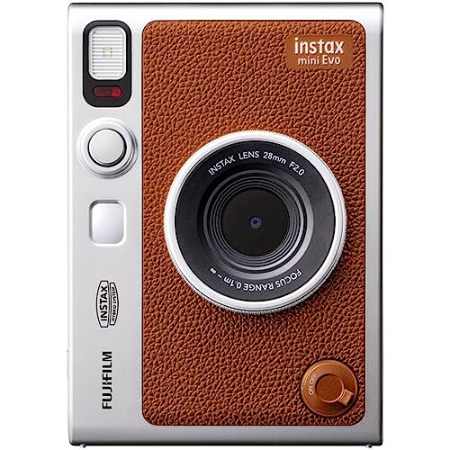 FUJIFILM INSTAX Mini EVO Hybrid Instant Camera | Brown Bundle with Fujifilm Instax Mini Instant Film | 60 Exposures + Microfiber Cleaning Cloth + Mini Teachers Accessories Bundle (4 Items)