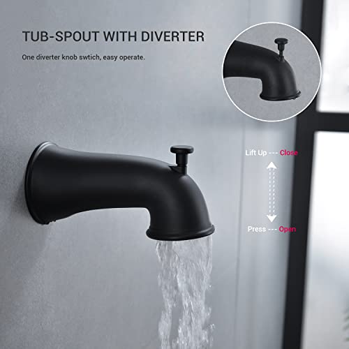 Matte Black Tub Shower Trim Kit Pressure Balance Shower Faucet Set 7 Function Powerful Shower Head with Diverter Bathtub Spout (Brass Rough-In Valve Included)
