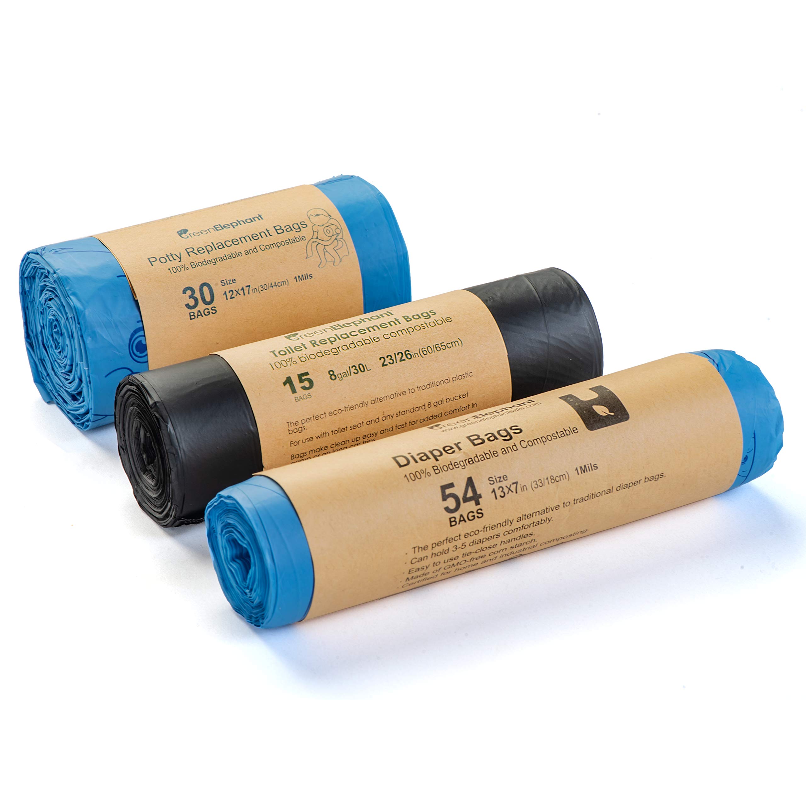 Green Elephant Diaper Bags Disposable | Compostable Diaper Sacks 108 Count | Biodegradable Eco-friendly Easy-to-tie Diaper Trash Bag | Set of 2 Rolls