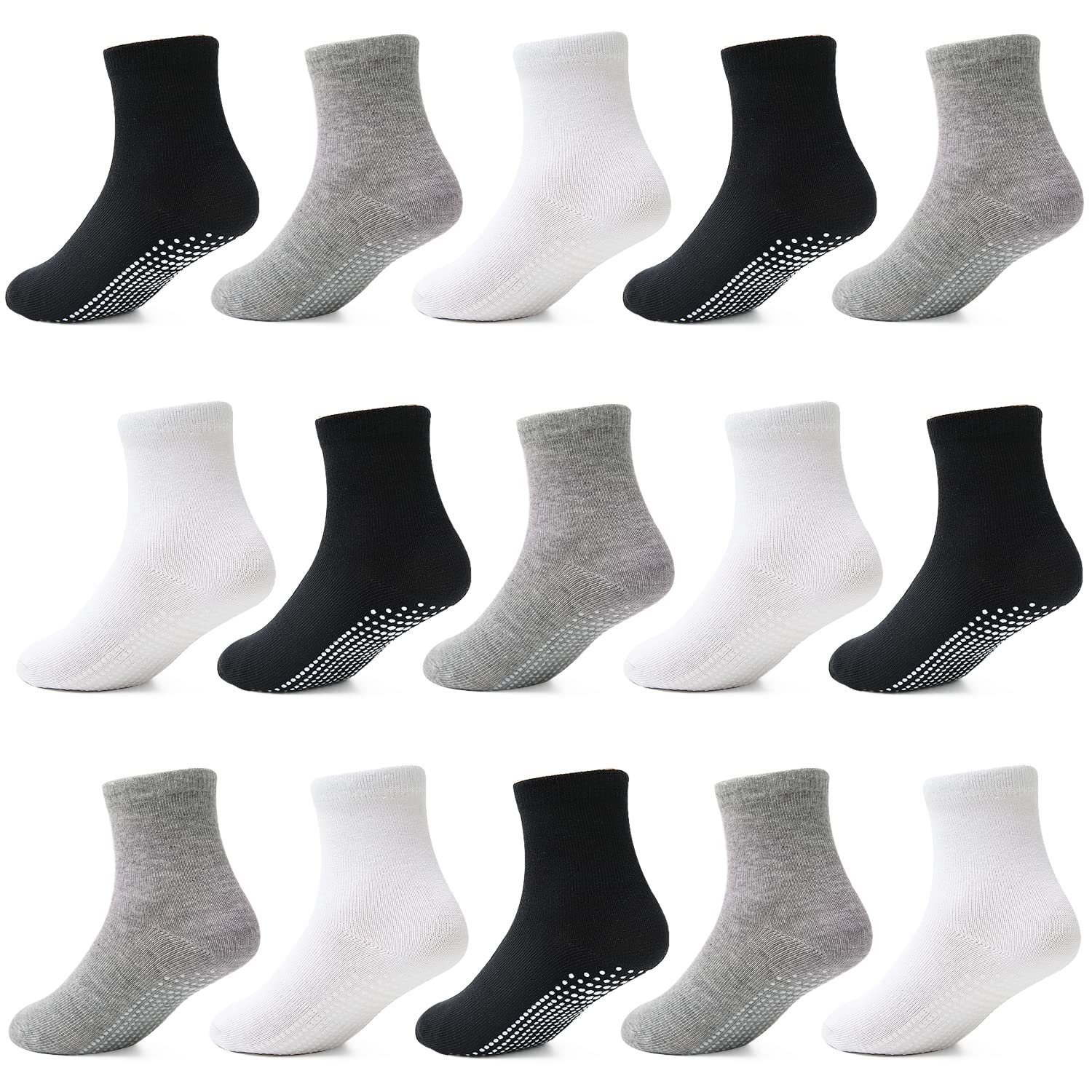 Tphon Toddler Kids Socks with Grippers for Boys Girls, Non Slip Grip Boys Socks 15 Pairs Half Cushion Ankle Crew Athletic Socks 3-5 Years