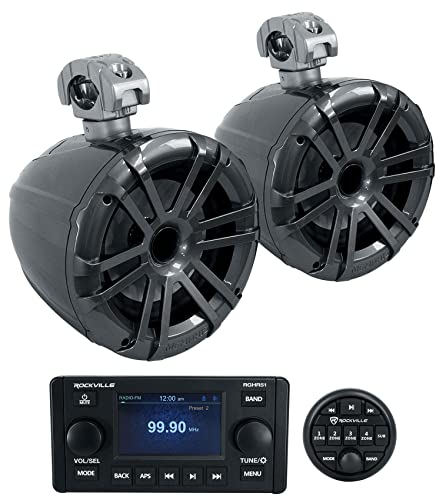 MEMPHIS AUDIO Pair MXA82TG 8" Marine Wakeboard Tower Speakers/LED+Swivel Grey Bundle with Rockville RGHR51 5 Zone Single Din Marine Receiver (2 Items)