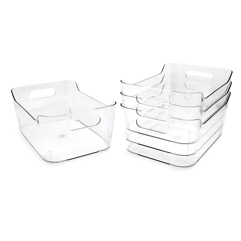 Isaac Jacobs 4-Pack Small Clear Storage Bins (9.4” x 6.7” x 4.1”) w/ Handles, Plastic Box Set, Home, Office, Fridge, Freezer, Kitchen, Pantry Organization Container, BPA-Free/Food Safe (Small, 4-Pack)