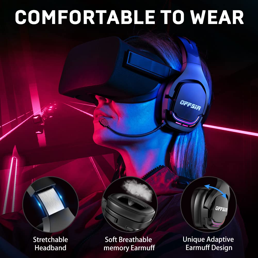 OFFSIR Wireless Gaming Headset with Noise Cancelling Microphone for PC PS5 PS4,Bluetooth Gaming Headset Surround Sound 2.4G USB Gamer Headphones with Mic RGB Lights for PlayStation Mac Computer Laptop